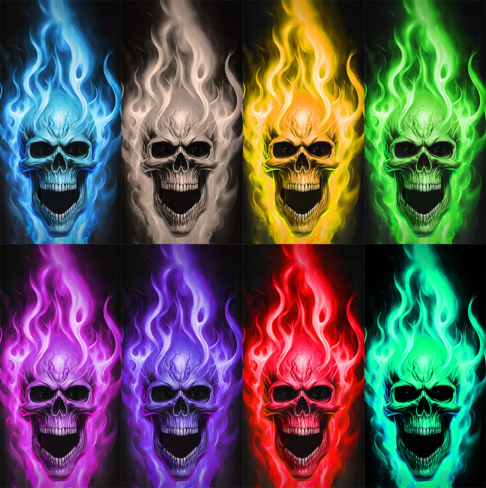 Flaming Skulls Gray and Color Combos Fire Skulls Gothic Undead ...