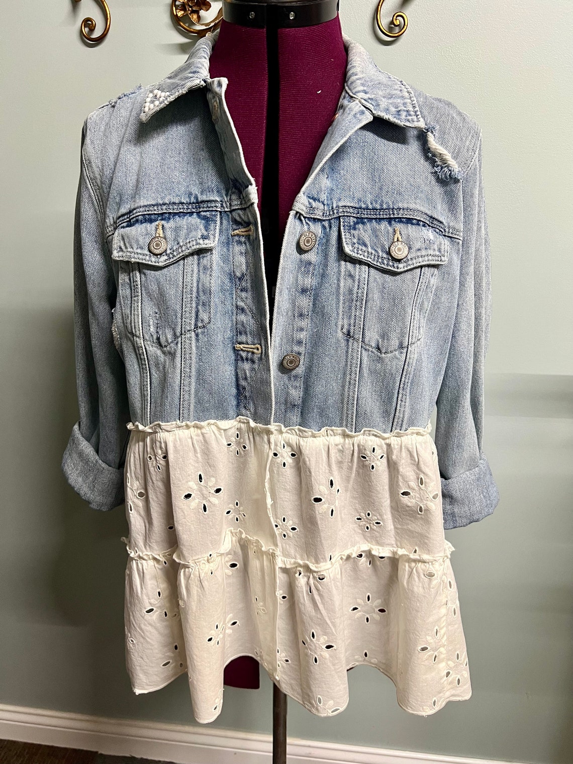 Denim Jacket, Heart Design, Denim and Lace, Upcycled Jean Jacket - Etsy