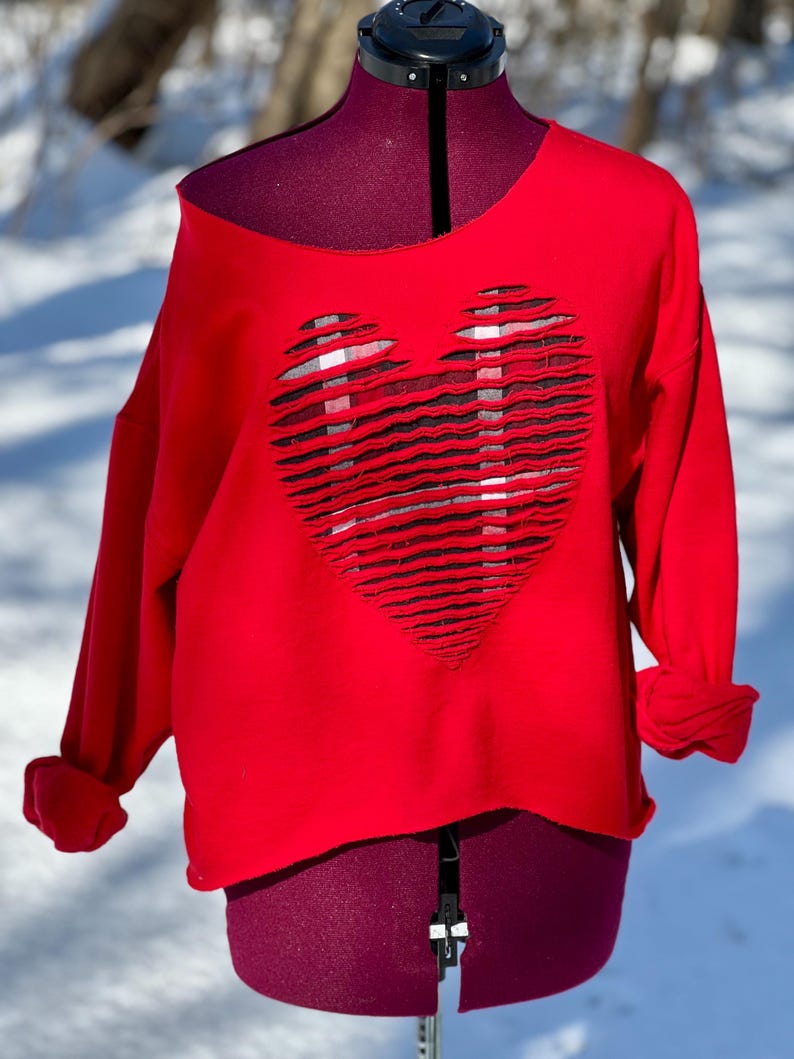 Handcrafted Red Distressed Heart Sweatshirt. off Shoulder Valentine’s ...