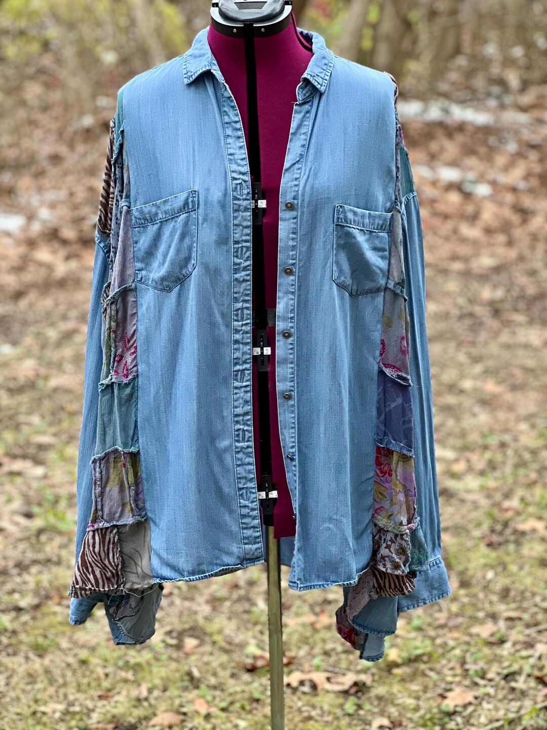Upcycled Boho Denim Jacket With Patchwork Sleeves. One of a Kind ...