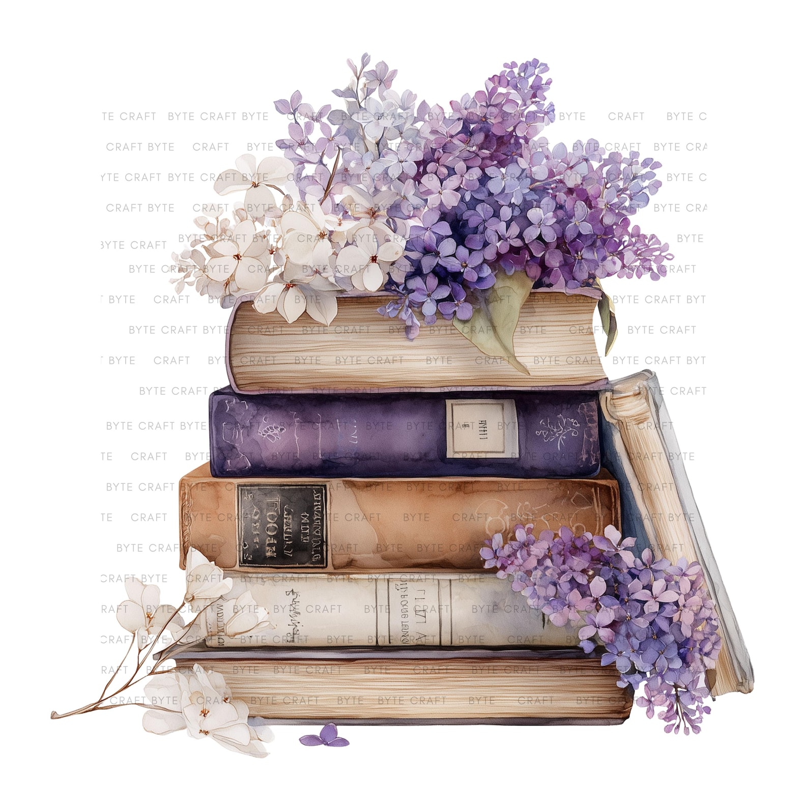 12 Purple Floral Book Stack Clipart, Watercolor Row of Books With ...