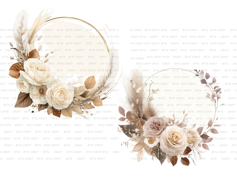 Watercolor Boho Beige Floral Clipart Feather Pampas Grass & Cream Roses ...