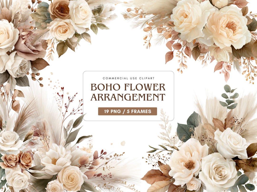 Watercolor Boho Beige Floral Clipart Feather Pampas Grass & Cream Roses ...