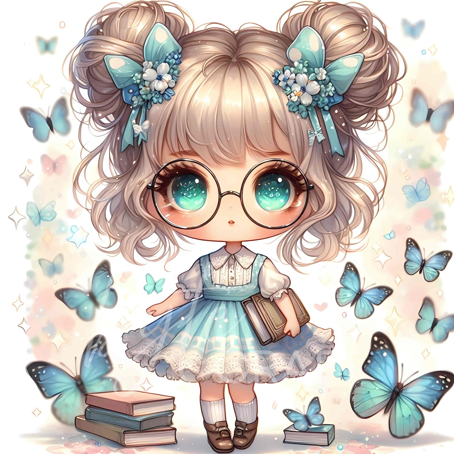 Chibi Butterfly Girl Sticker Clipart Flower Girl Vintage Watercolor ...