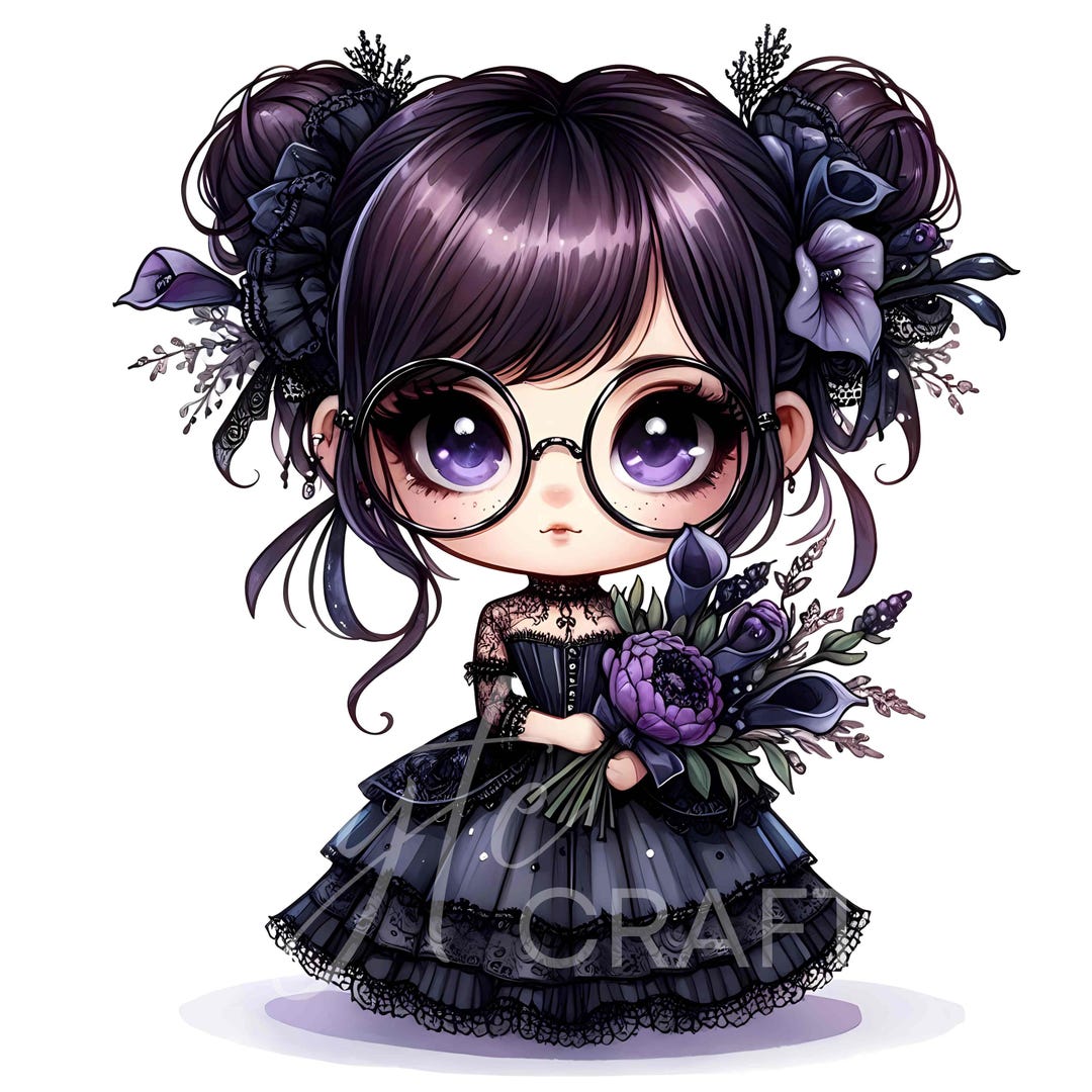 Gothic Chibi Girl Sticker Clipart Flower Girl Vintage Watercolor ...