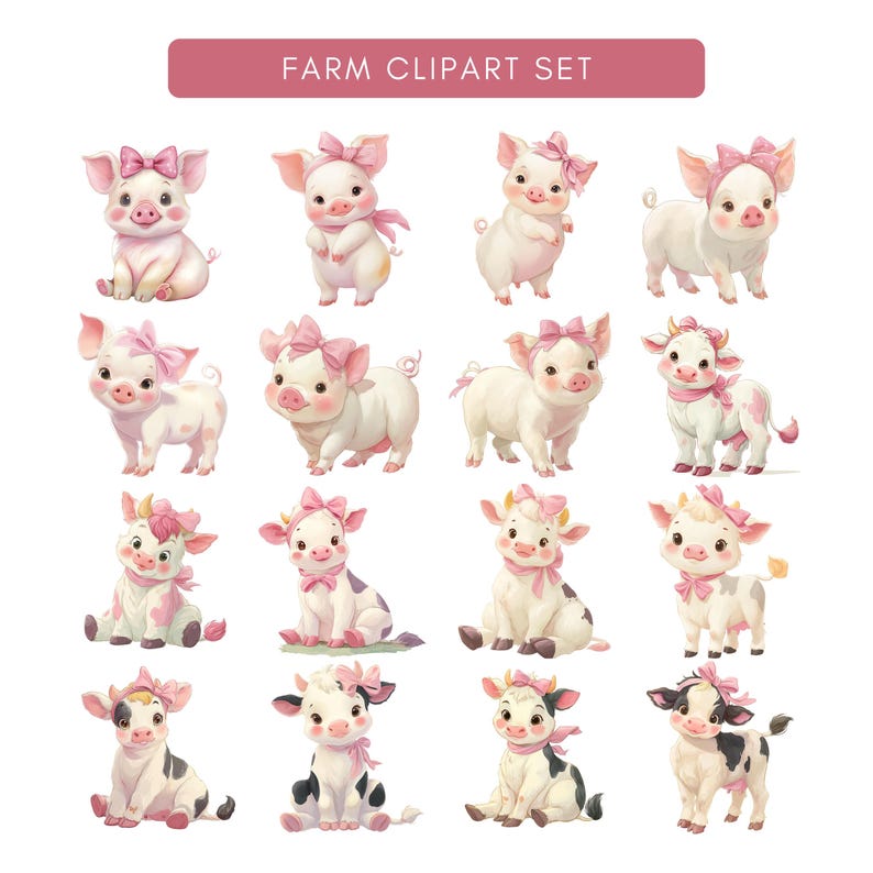 Pink Watercolor Farm Animal Clipart Cute Kawaii Farm PNG Nursery ...