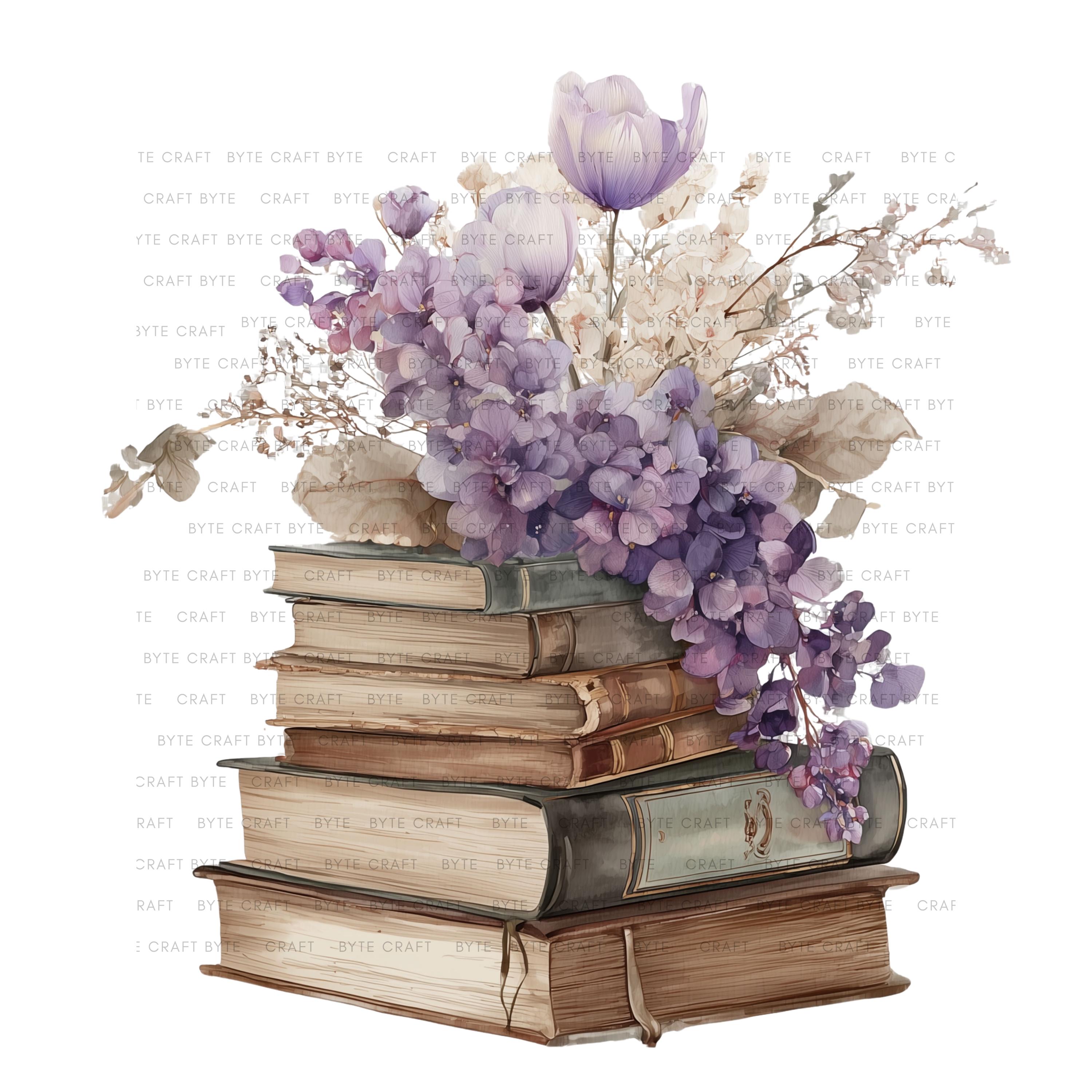 12 Purple Floral Book Stack Clipart, Watercolor Row of Books With ...