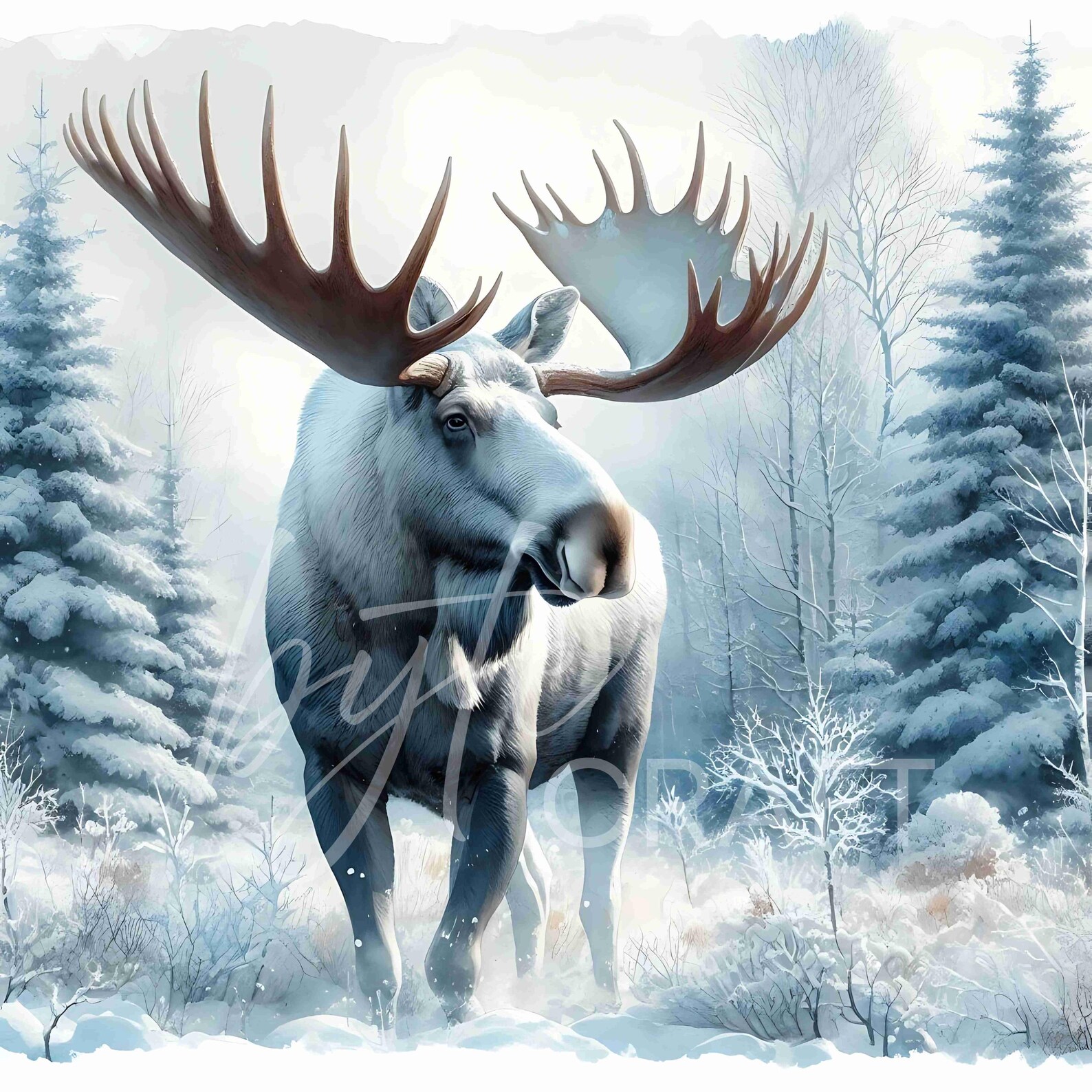 Moose Winter Forest Clipart: Snowy Woodland Scene (JPG Digital Download ...