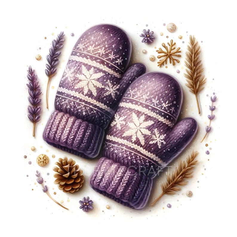 Purple Winter Mittens Watercolor Clipart: Christmas Farmhouse Style ...