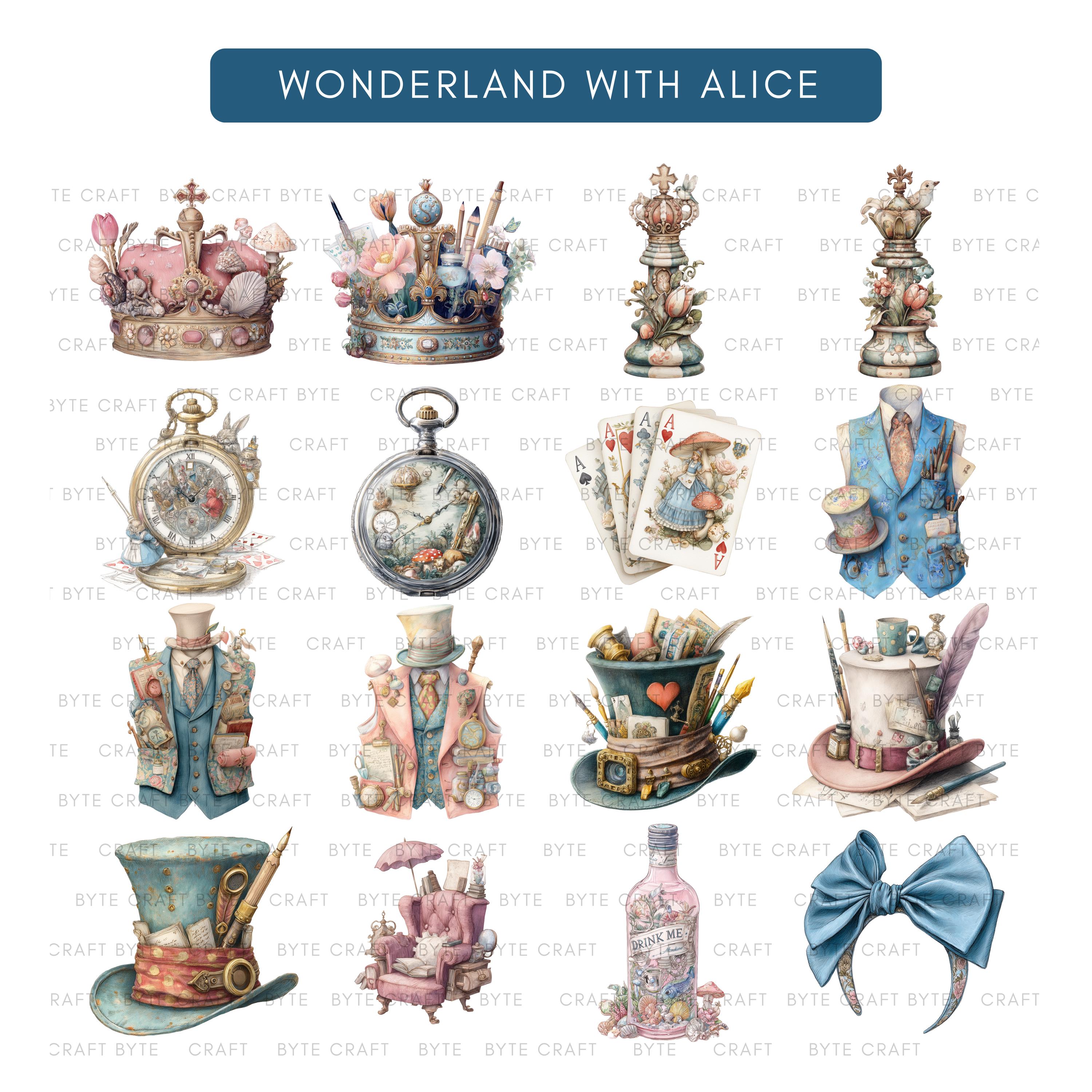 Watercolor Alice Wonderland Clipart Bundle: 90 PNG Images (instant ...