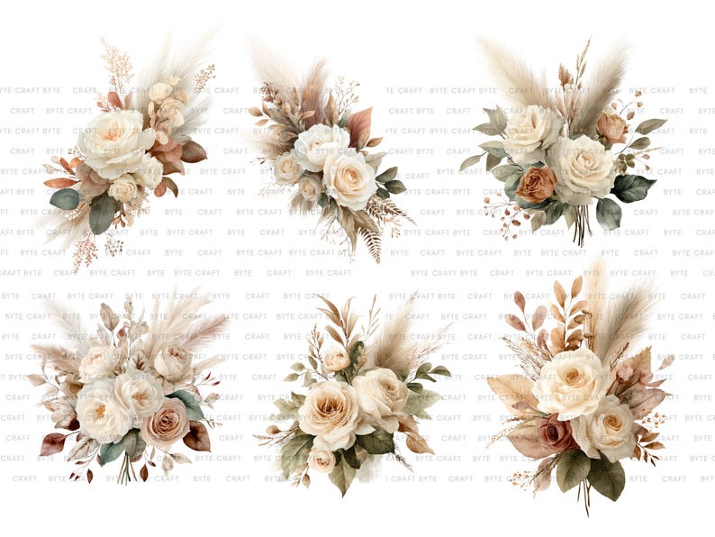 Watercolor Boho Beige Floral Clipart Feather Pampas Grass & Cream Roses ...