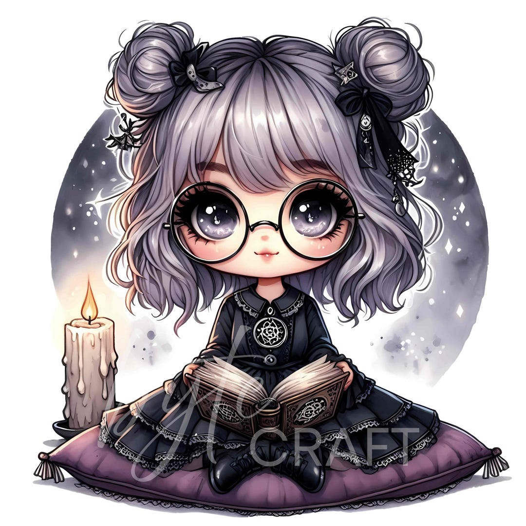 Set of 10 JPEG Chibi Witch Sticker Spellbook Reader With Glasses and ...