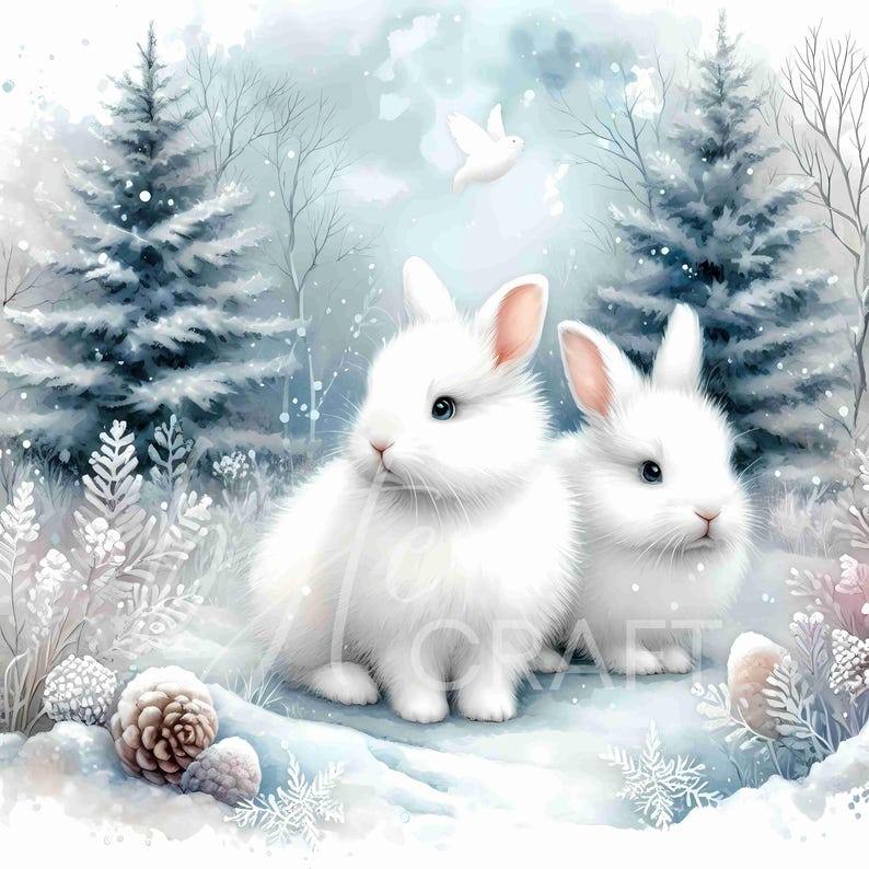 Winter Bunny Clipart Set: Snowy Forest Scene, Nursery Decor (JPG ...