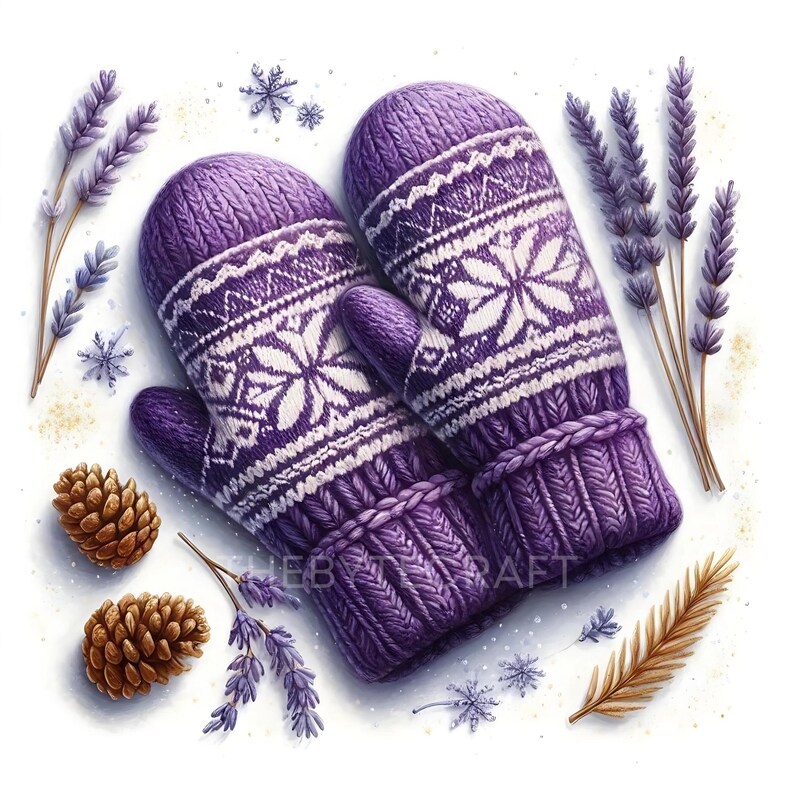 Purple Winter Mittens Watercolor Clipart: Christmas Farmhouse Style ...
