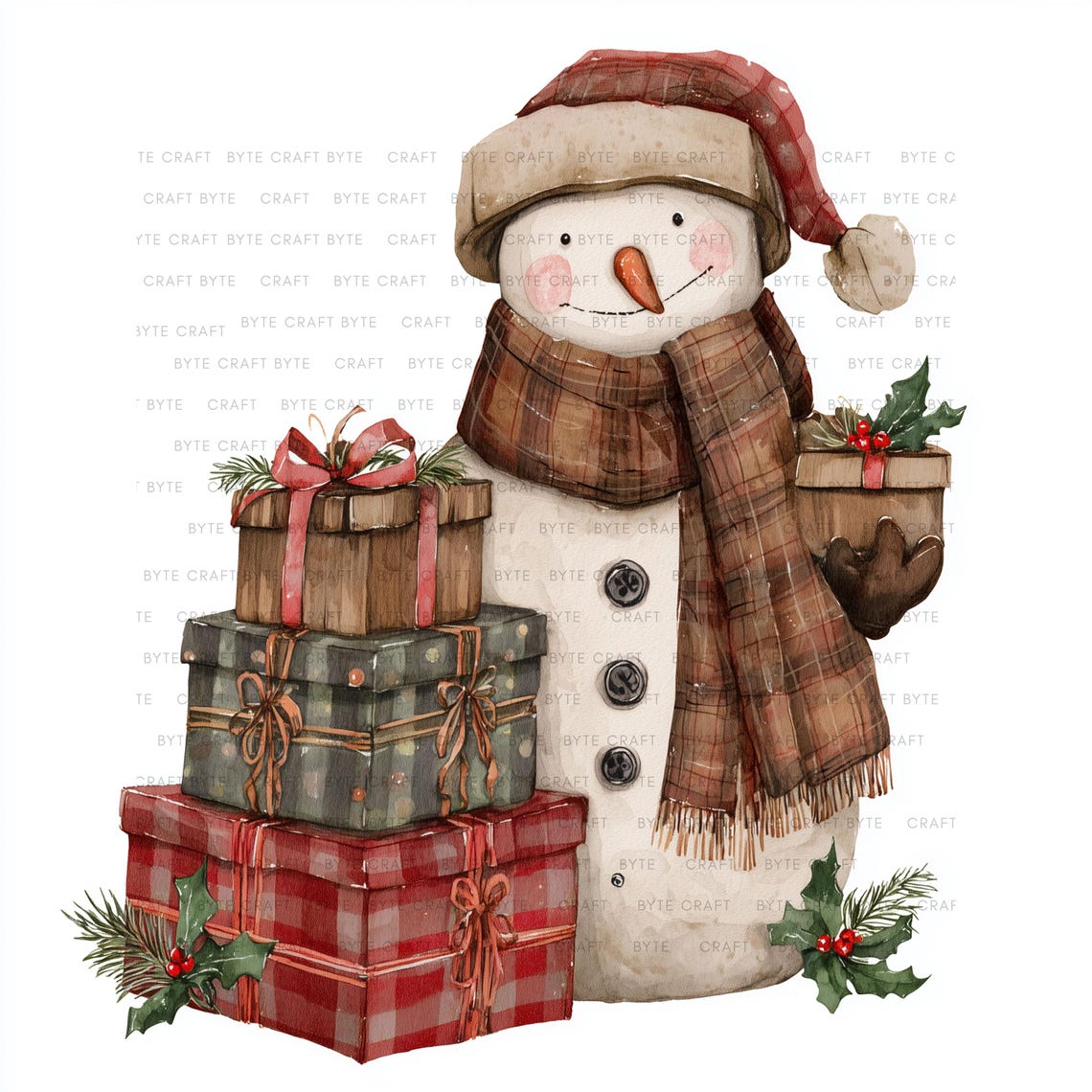 Vintage Christmas Snowman Clipart | Retro Watercolor JPG (digital ...