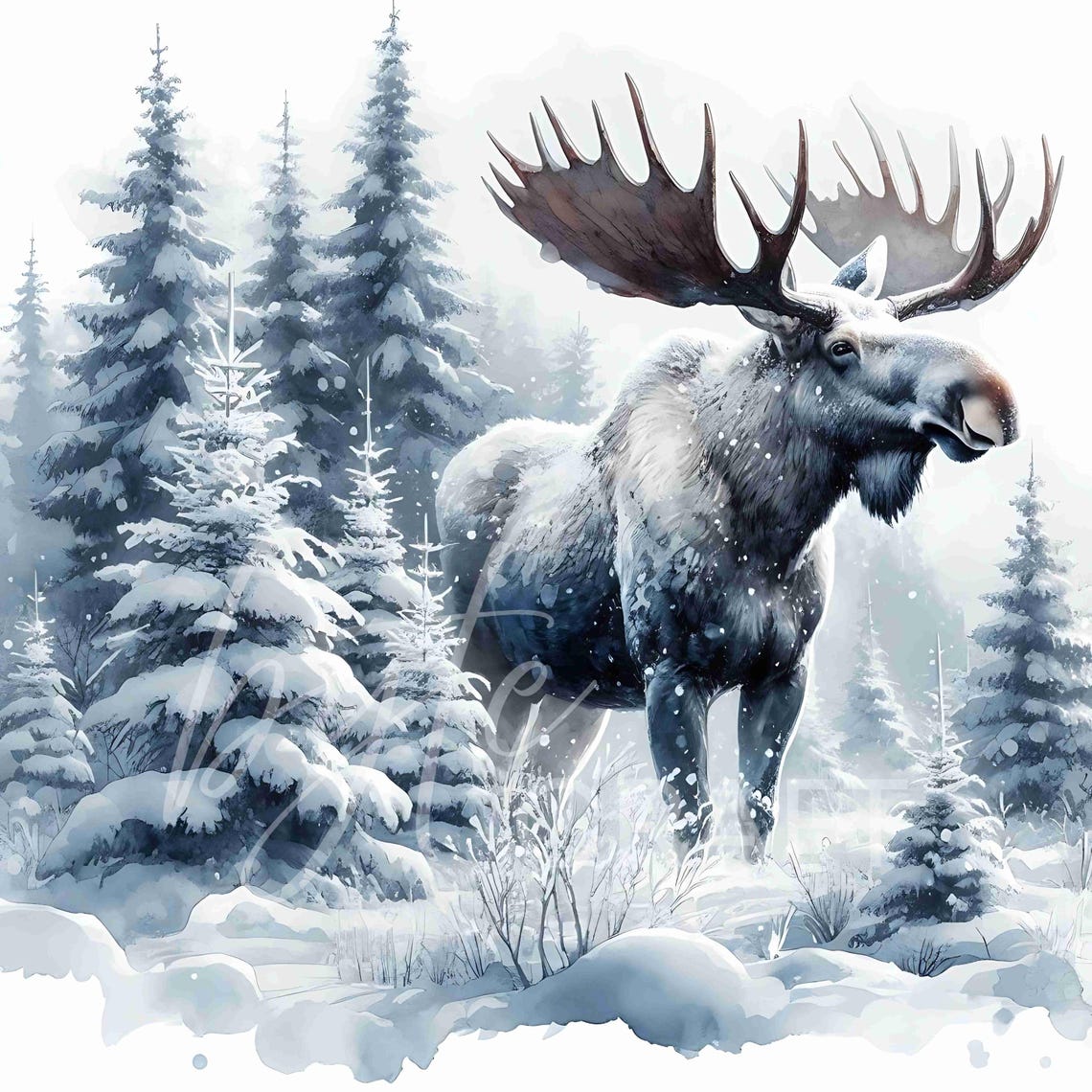 Moose Winter Forest Clipart: Snowy Woodland Scene (JPG Digital Download ...
