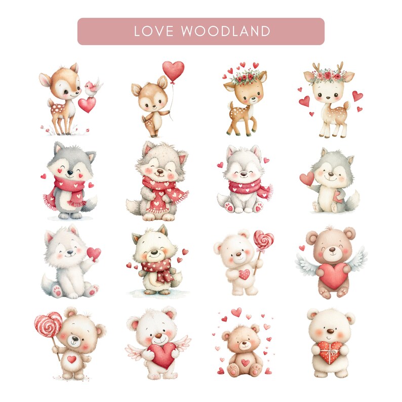 Woodland Animals Valentine's Day Clipart: Watercolor PNG (digital ...
