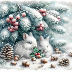Winter Bunny Clipart Set: Snowy Forest Scene, Nursery Decor (JPG ...