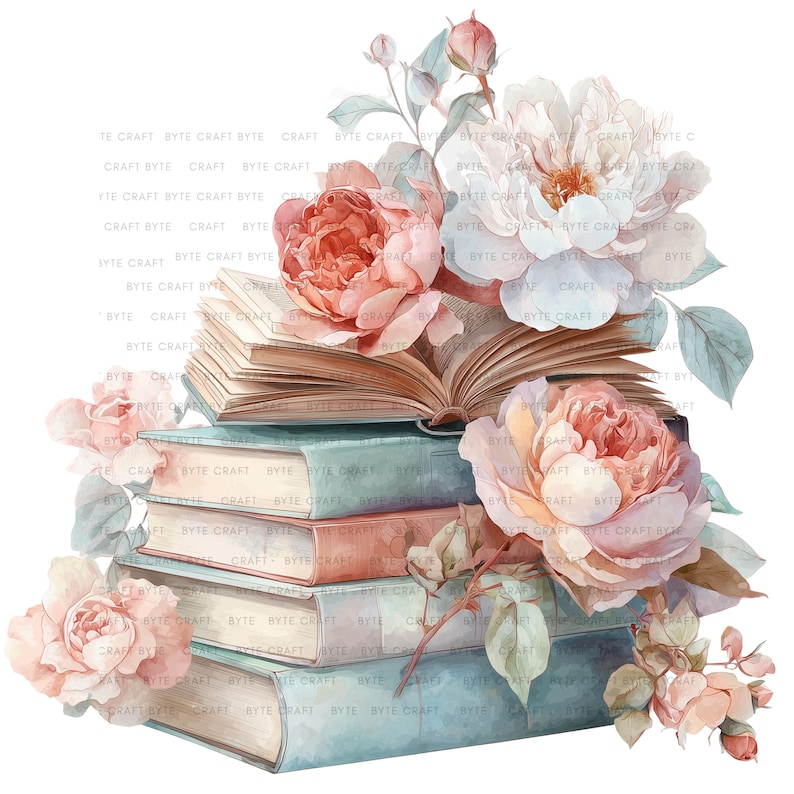 Pastel Wildflower Books Clipart: Watercolor Floral PNG Bundle (digital ...