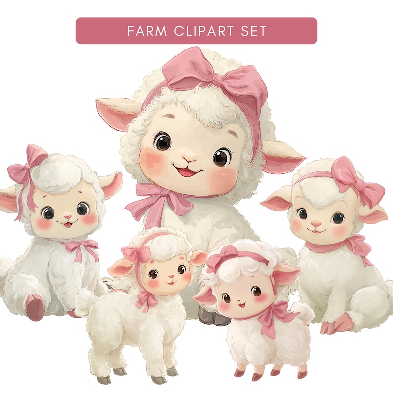 Pink Watercolor Farm Animal Clipart Cute Kawaii Farm PNG Nursery ...