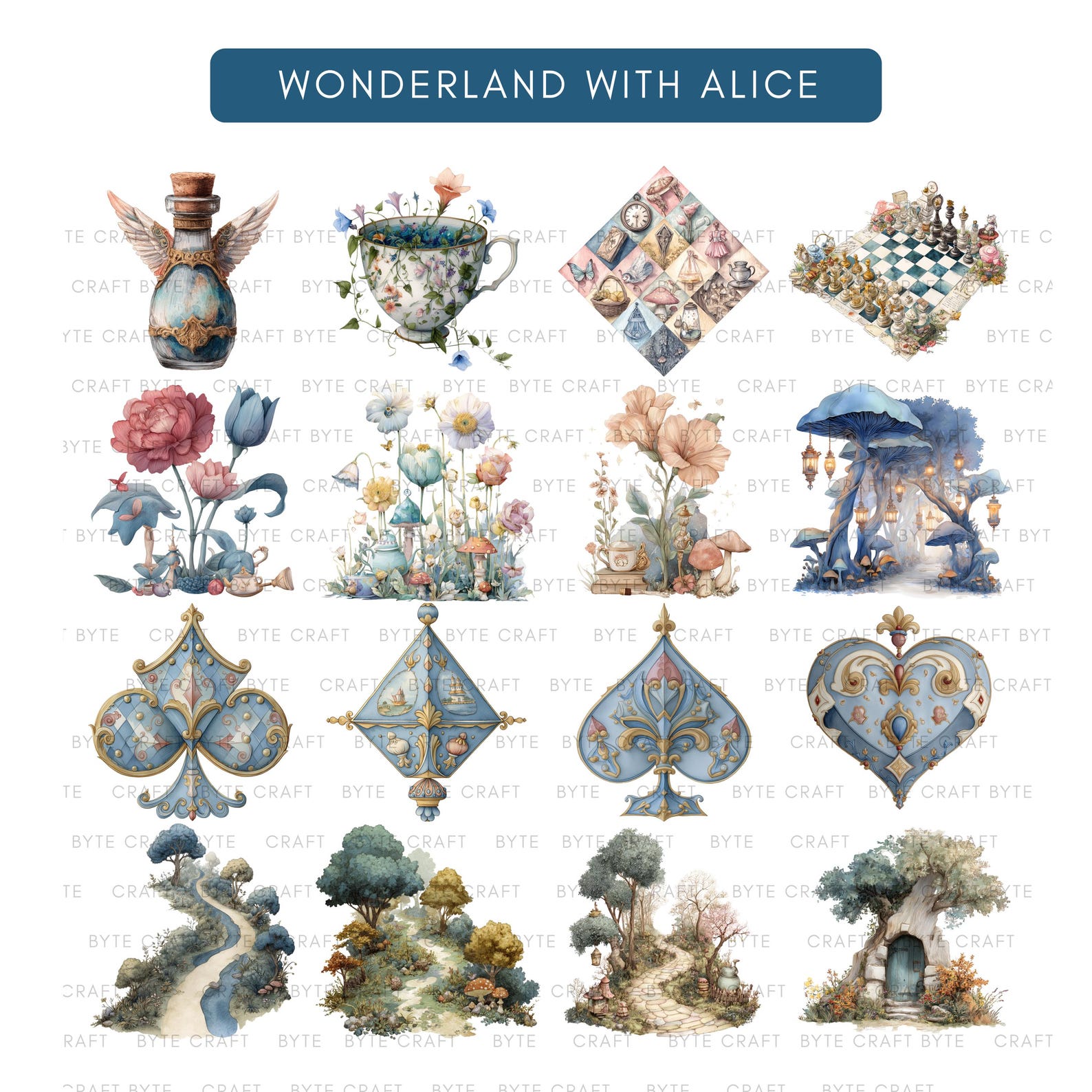 Watercolor Alice Wonderland Clipart Bundle: 90 PNG Images (instant ...