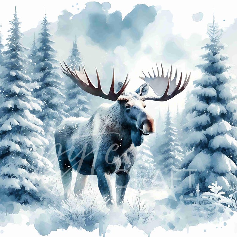 Moose Winter Forest Clipart: Snowy Woodland Scene (JPG Digital Download ...