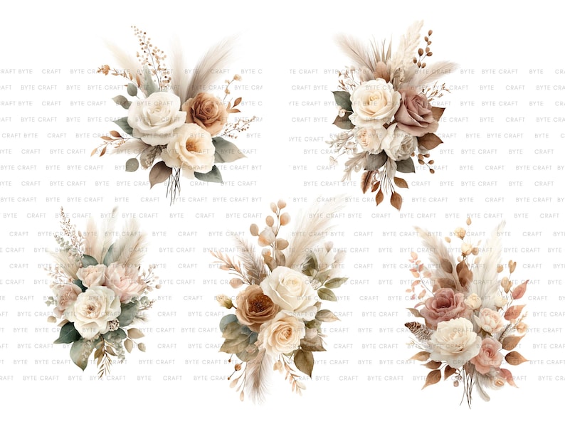 Watercolor Boho Beige Floral Clipart Feather Pampas Grass & Cream Roses ...