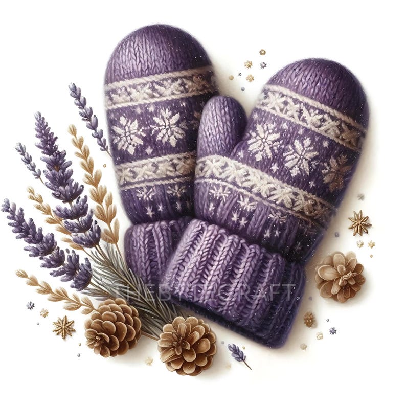 Purple Winter Mittens Watercolor Clipart: Christmas Farmhouse Style ...