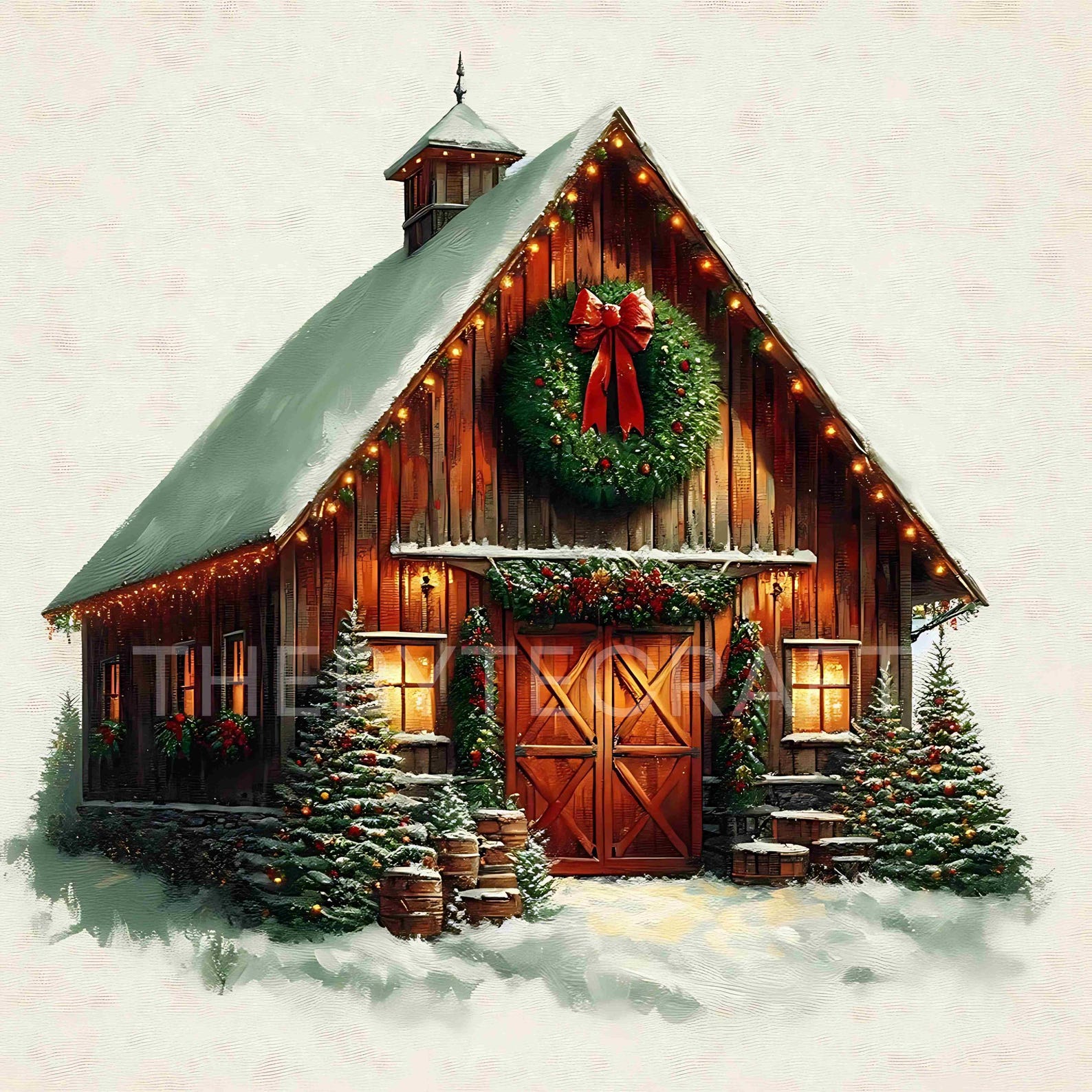 Christmas Barn Watercolor Clipart: Farmhouse Christmas JPG (digital ...