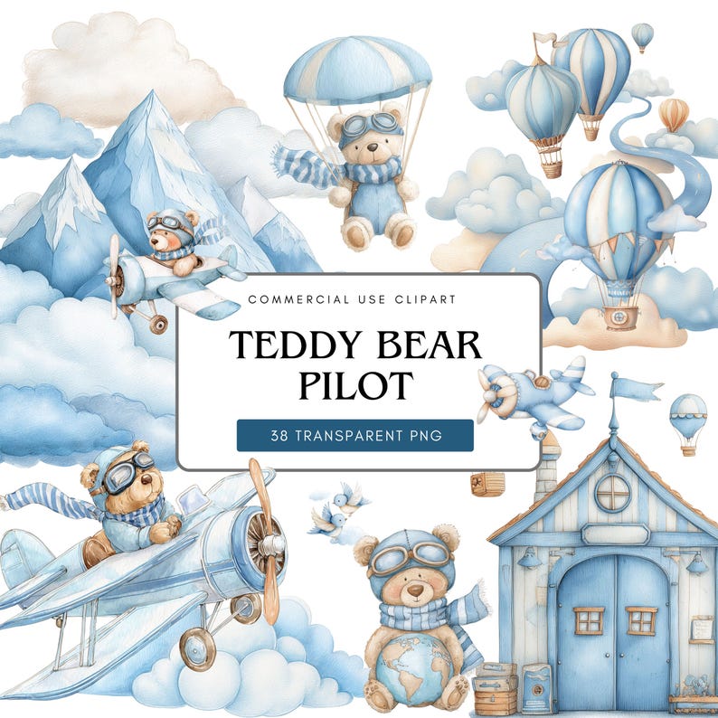 Watercolor Teddy Bear Pilot Clipart, Flying Animal Art (PNG Digital ...