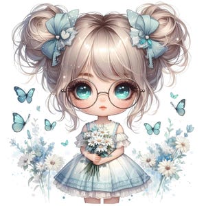 Chibi Butterfly Girl Sticker Clipart Flower Girl Vintage Watercolor ...