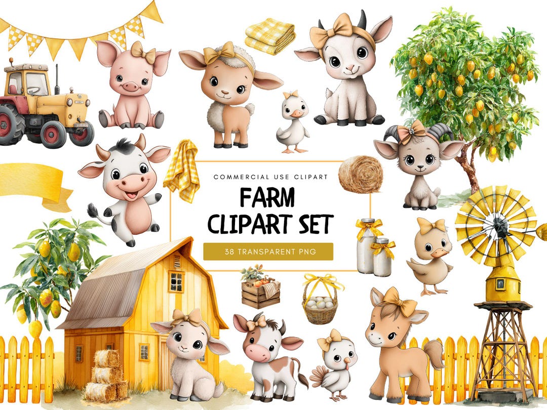 Watercolor Farm Clipart: Baby Animals, Barn, Tractor (PNG Digital ...