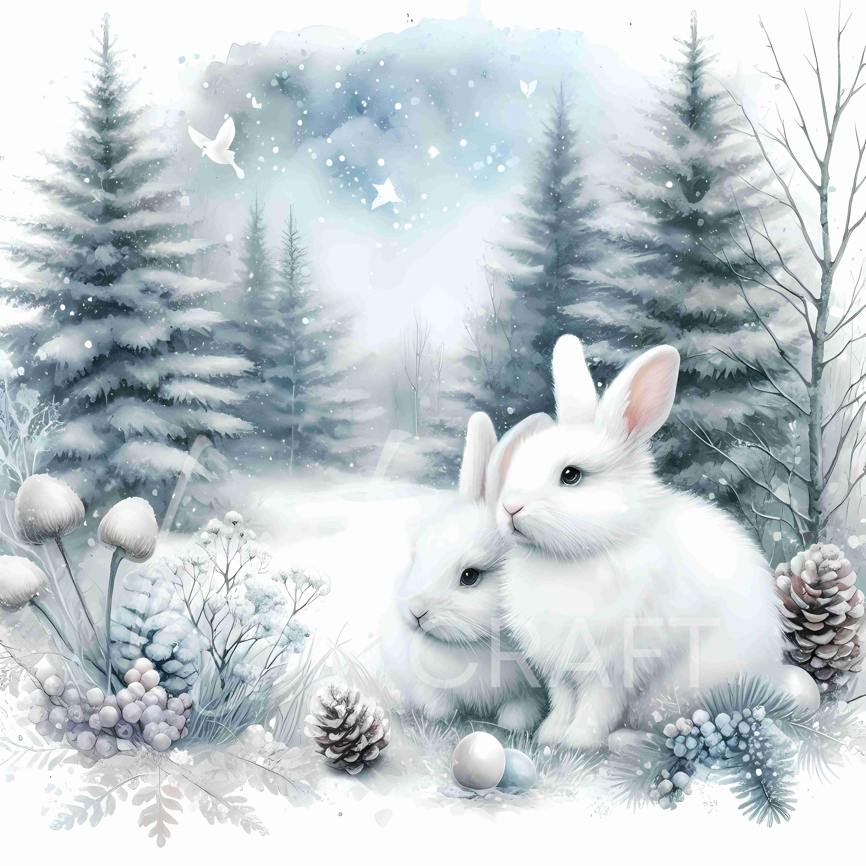 Winter Bunny Clipart Set: Snowy Forest Scene, Nursery Decor (JPG ...