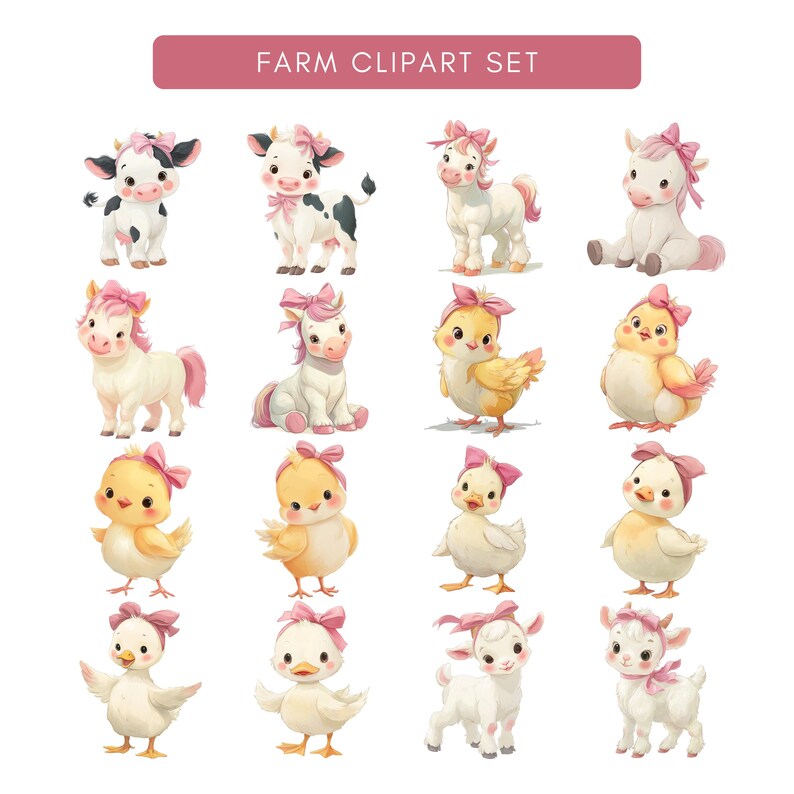 Pink Watercolor Farm Animal Clipart Cute Kawaii Farm PNG Nursery ...