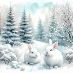 Winter Bunny Clipart Set: Snowy Forest Scene, Nursery Decor (JPG ...
