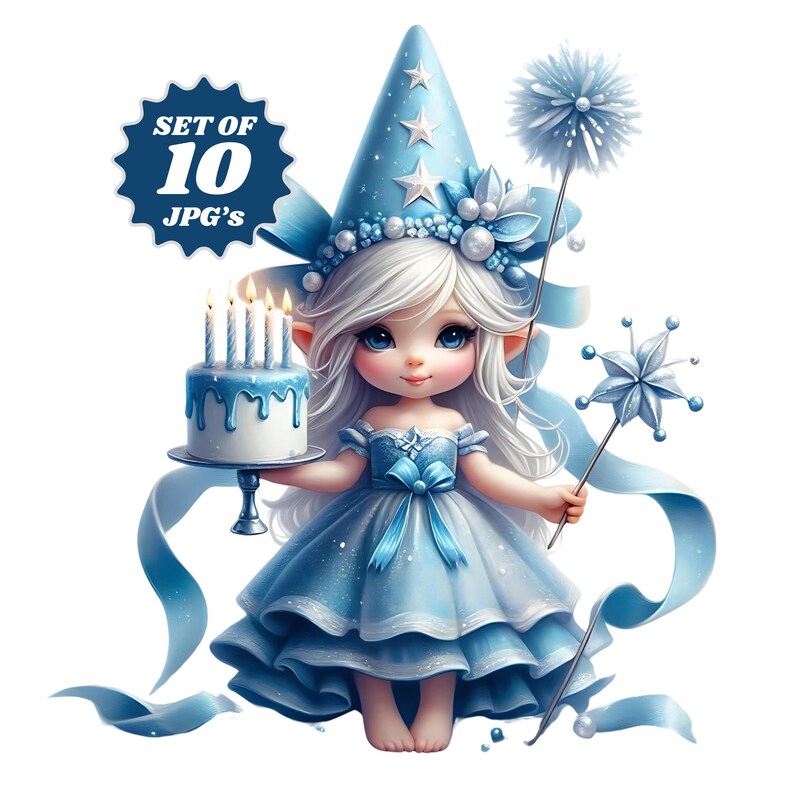 Blue Birthday Princess Gnome Clipart: Watercolor JPG Images (digital ...
