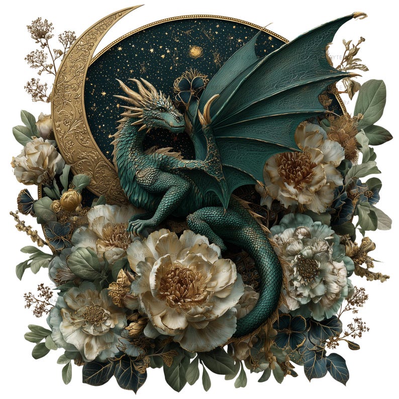 Fantasy Dragon & Roses Clipart: Watercolor Style Illustrations (PNG ...