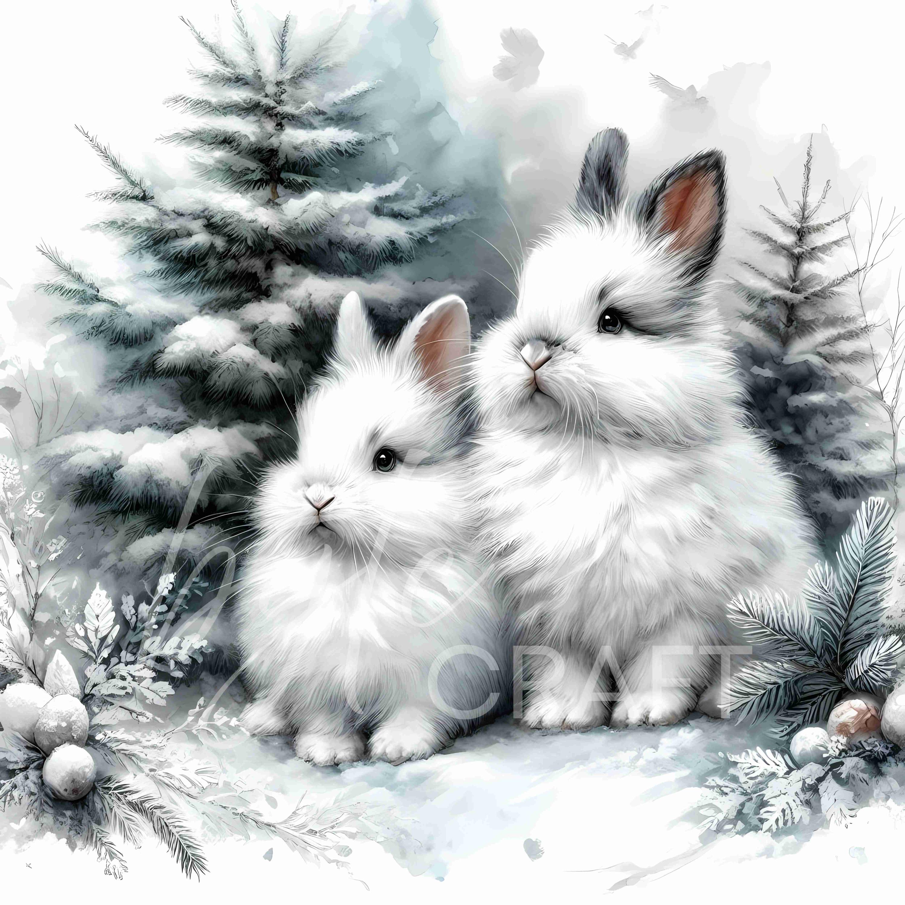 Winter Bunny Clipart Set: Snowy Forest Scene, Nursery Decor (JPG ...
