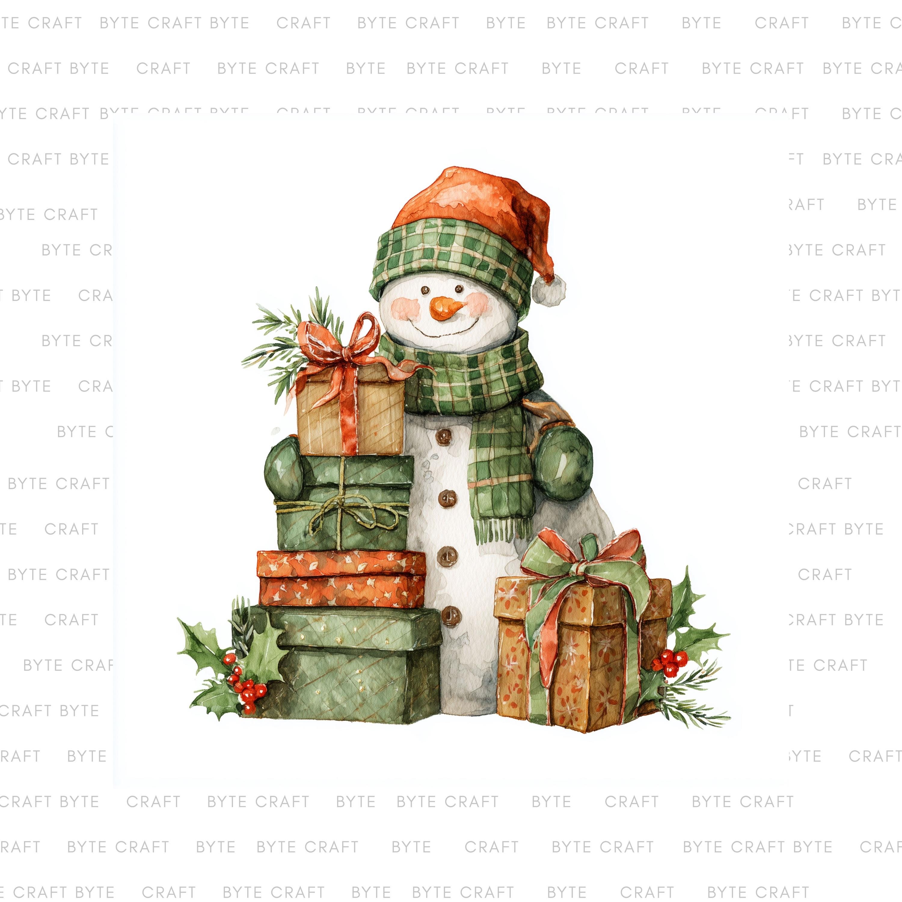Vintage Christmas Snowman Clipart | Retro Watercolor JPG (digital ...
