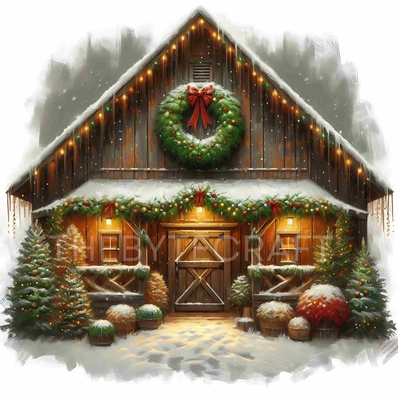 Christmas Barn Watercolor Clipart: Farmhouse Christmas JPG (digital ...