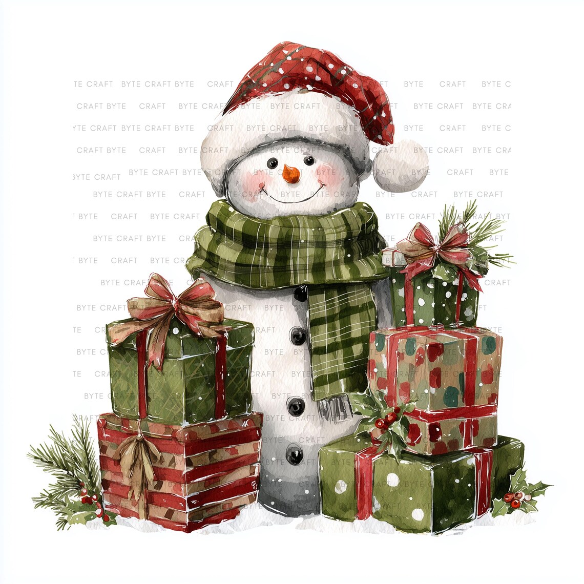 Vintage Christmas Snowman Clipart | Retro Watercolor JPG (digital ...