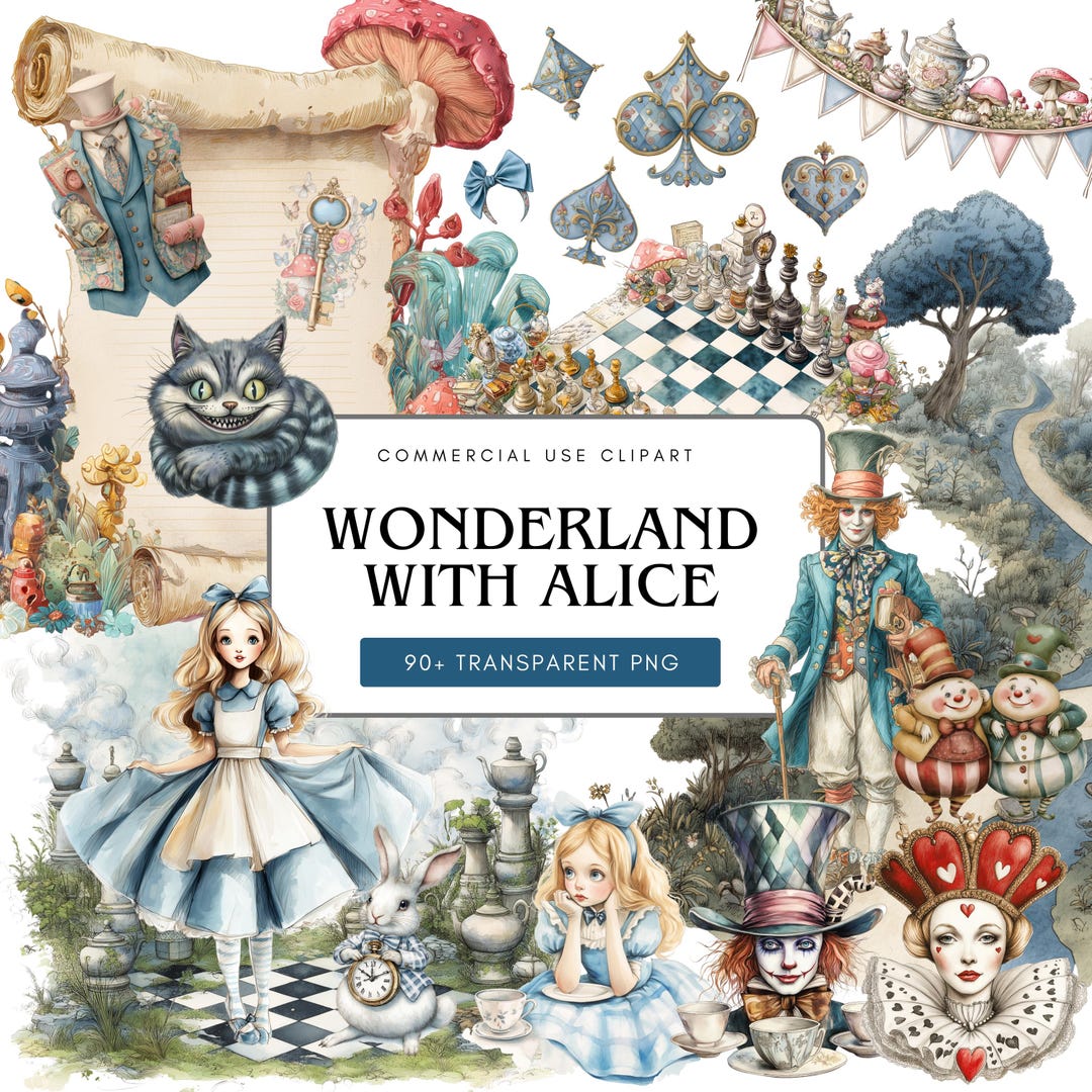 Watercolor Alice Wonderland Clipart Bundle: 90 PNG Images (instant ...