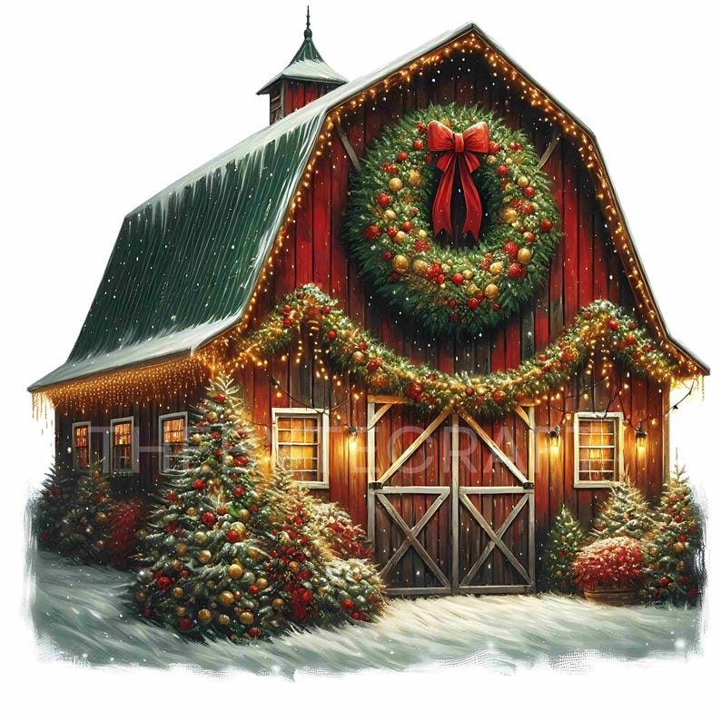 Christmas Barn Watercolor Clipart: Farmhouse Christmas JPG (digital ...
