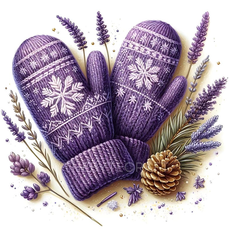 Purple Winter Mittens Watercolor Clipart: Christmas Farmhouse Style ...