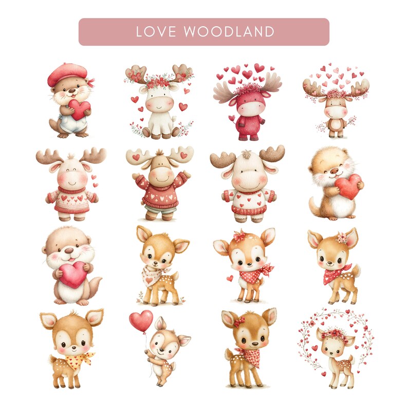 Woodland Animals Valentine's Day Clipart: Watercolor PNG (digital ...