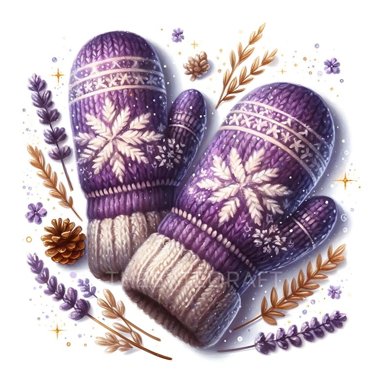 Purple Winter Mittens Watercolor Clipart: Christmas Farmhouse Style ...