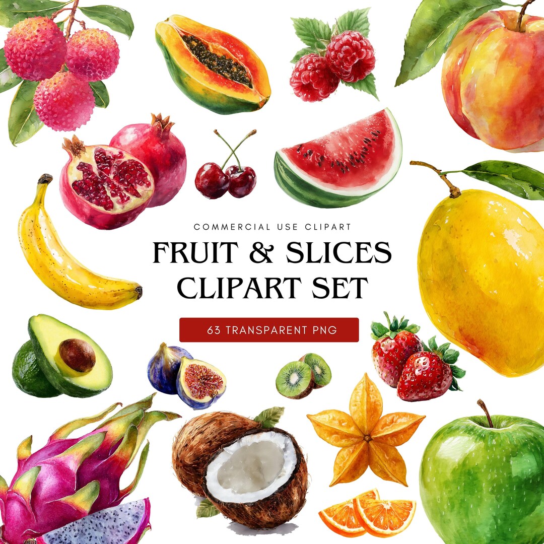 Watercolor Fruit Clipart Bundle: 63 PNG Images (digital Download - Etsy