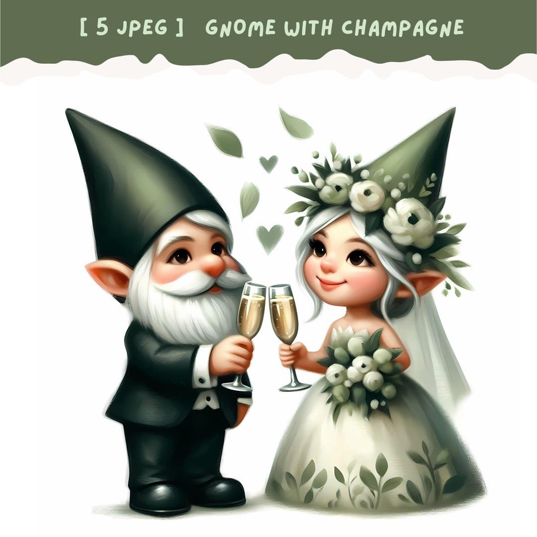 Gnome With Champagne Wedding, Pink Gnome Couple Wedding, Gnome Clipart,gnome Admirers ...