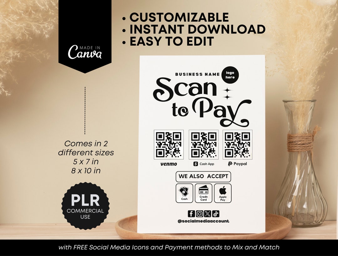 PLR Scan to Pay Sign QR Code Sign Template Printable Payment - Etsy
