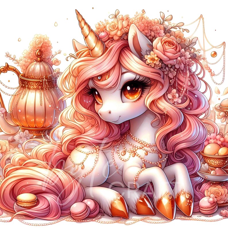 Set of 10 JPEG| 300 DPI Tea Party Unicorn Sticker Blush Pink Chibi ...